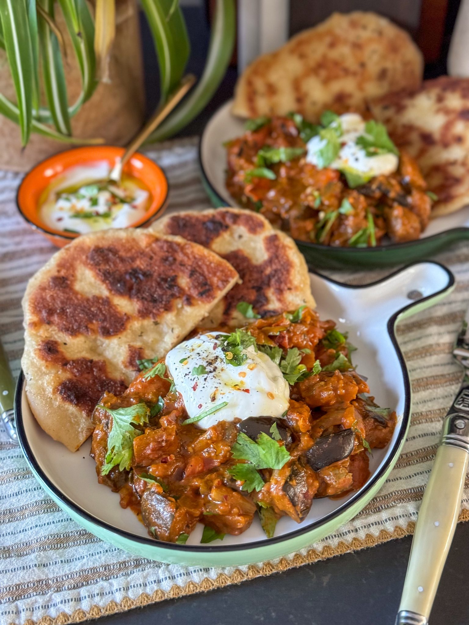 vegetarische aubergine curry stoof - Familie over de kook
